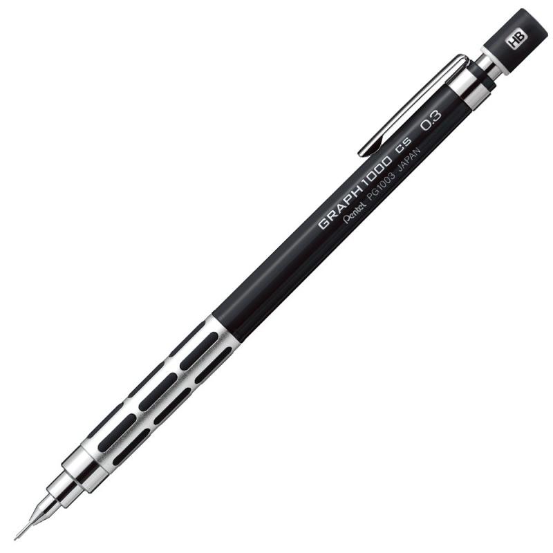 ぺんてる シャープペン グラフ1000CS XPG1003CSA 0.3mm ブラック軸筆記を安定させるための低重心設計を採用ペン先まわりを見やすくし、定規もあてやすい18個のラバーリブにより滑り止め効果芯の硬度が一目で分かる表示窓が付く黒...
