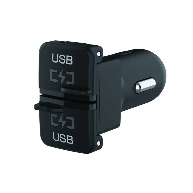 【商品情報】●純正風USBポートデザインのDC−USB充電器。●USBポートへのゴミやホコリの侵入を防ぐUSBポートカバー付き。●通電時、通電カバーが白く光る。●12V／24V車対応。●USB−Aポート×2。●最大合計4．8A。【商品仕様】...
