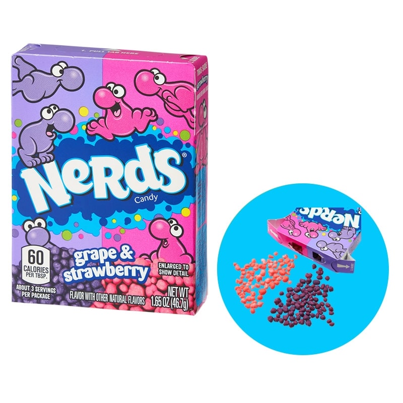 NeRds(ナーズ)から、ザクザクなカラフルピースキャンディの"グレープ&ストロベリー”がラインアップ！箱型のパッケージ上部を開けると、小石のようなミニキャンディが沢山入っています。片方ずつ楽しむのはもちろん、ミックスして食べても◎。アイス...