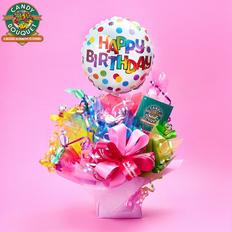 PLAZAオンラインストア限定！ポップでキュートなお菓子の花束「キャンディブーケ」。 ポップな"HAPPY BIRTHDAY"のバルーンと、チョコレートやフルーツラムネがアクセントになった可愛い置き型のブーケです。付属のスティックで写真やメ...