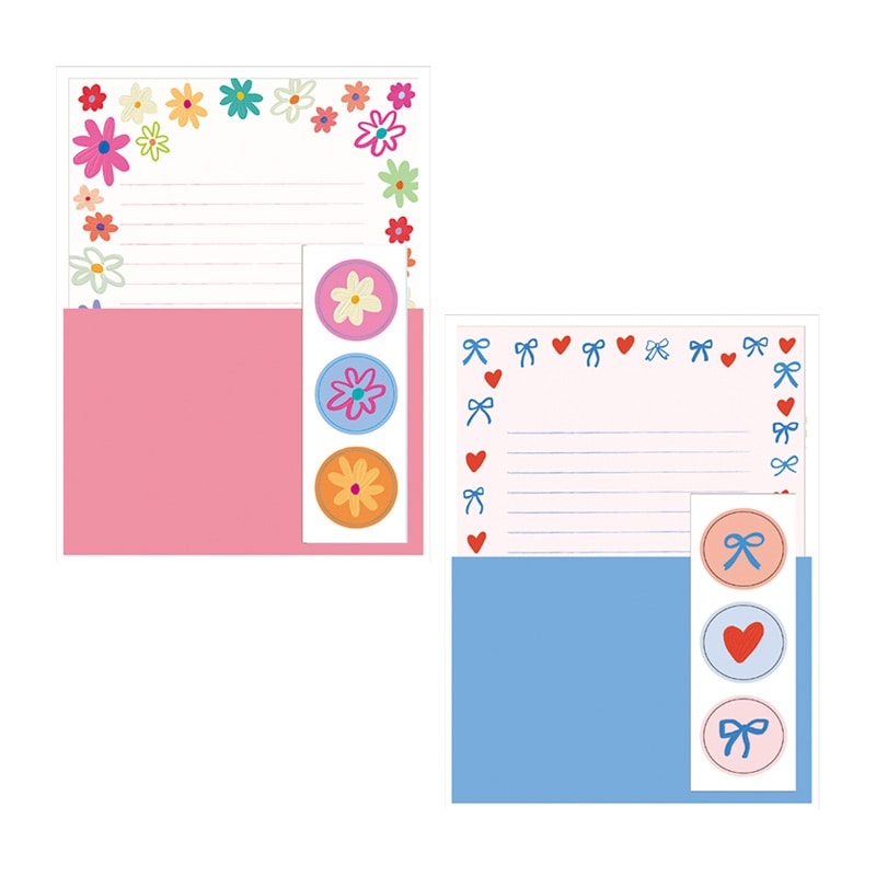 レトロでポップなフラワーモチーフとネオンカラーがアクセントになっている、かわいいレターセットです。封をしたりデコレーションが楽しめるステッカー付きで、お菓子のシェアやお土産などにメッセージを添えるのにもぴったりです。【サイズ】約 W170×...