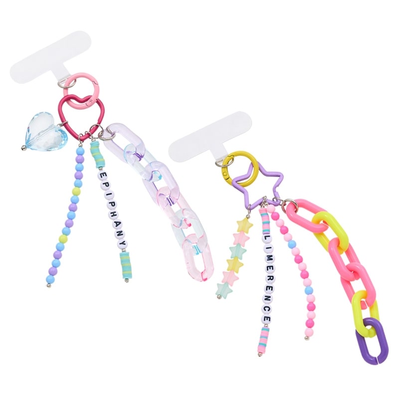 PLAZA・MINiPLA限定！カラフルなチェーンとビーズが目を引く、ストラップホルダー付きのハンドストラップ。スマホやバッグに付けるだけで、持ち歩きが楽しくなるようなポップなデザインです。チャームには意味が込められており、ピンクハートは「...