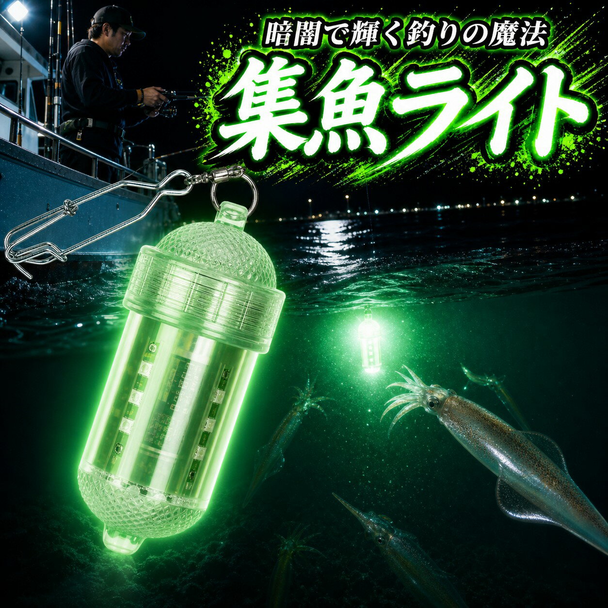 【暗闇で輝く釣りの魔法。夜釣りの新次元へ】夜釣りが楽しみな釣りの愛好家へ、高性能電池式水中集魚灯です。単三電池4本で駆動し、その強力な緑色LED光源は水中生態系を鮮やかに照らし、魚を引き寄せます。防水性能も備え、使い勝手抜群です。釣りや水中...