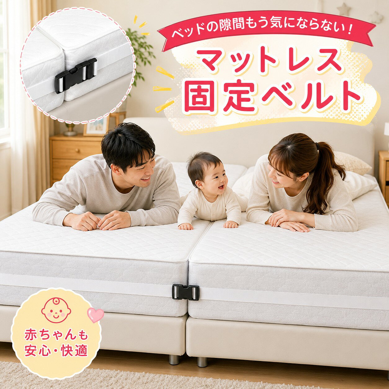 【マットレスのズレ・隙間を防止】ベッドを並べて使うと、マットレスがズレて隙間ができてしまうことがあります。このマットレス固定ベルトは、2台のマットレスをしっかり連結して固定。寝ている間のズレや隙間を防ぎ、安定した寝心地をサポートします。ベッ...