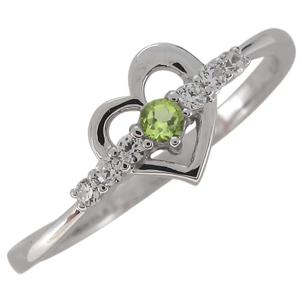 8月誕生石ペリドットを使用したシルバー製の、ハートモチーフリング(指輪)です。 ※対応サイズ【1号から16号】 本体素材：シルバー925(ホワイトコーティング/イエローコーティング/ピンクコーティング) (品質を保証するSV925 or S...