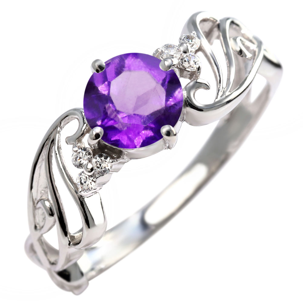 2月誕生石アメジストを使用したプラチナ製の、エアリーモチーフリング(指輪)です。 アームには流れるような曲線と程よい透け感を取り入れ、重くなりすぎない洗練された印象に仕上げました。 ※ 対応サイズ【6号〜16号】 本体素材：プラチナ(Pt9...