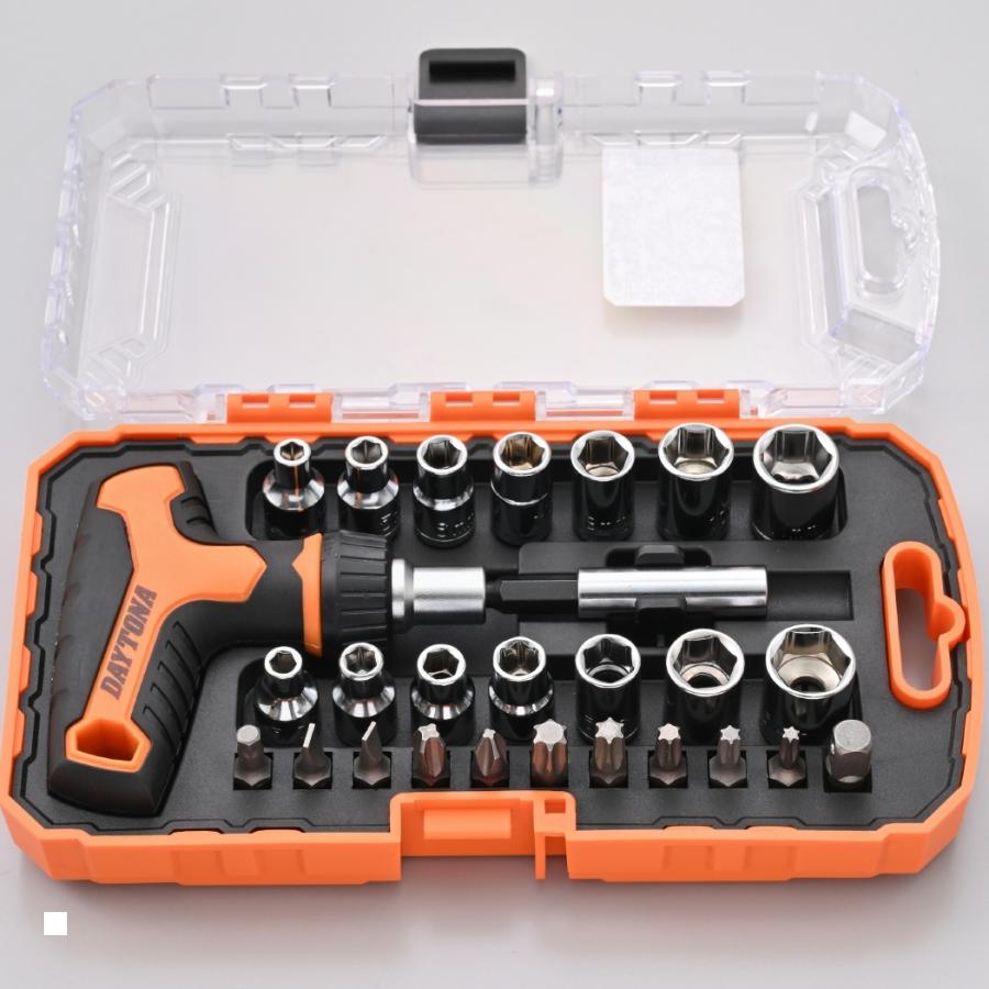 メーカー名：デイトナメーカー品番：61365狭いスペースでも作業しやすい手のひらサイズのミニラチェットTハンドルと、六角ソケット、10種類のビットなどを組み合わせたツールセット。六角ソケットは、ミリサイズ、インチサイズ各7種類の複合セットで...