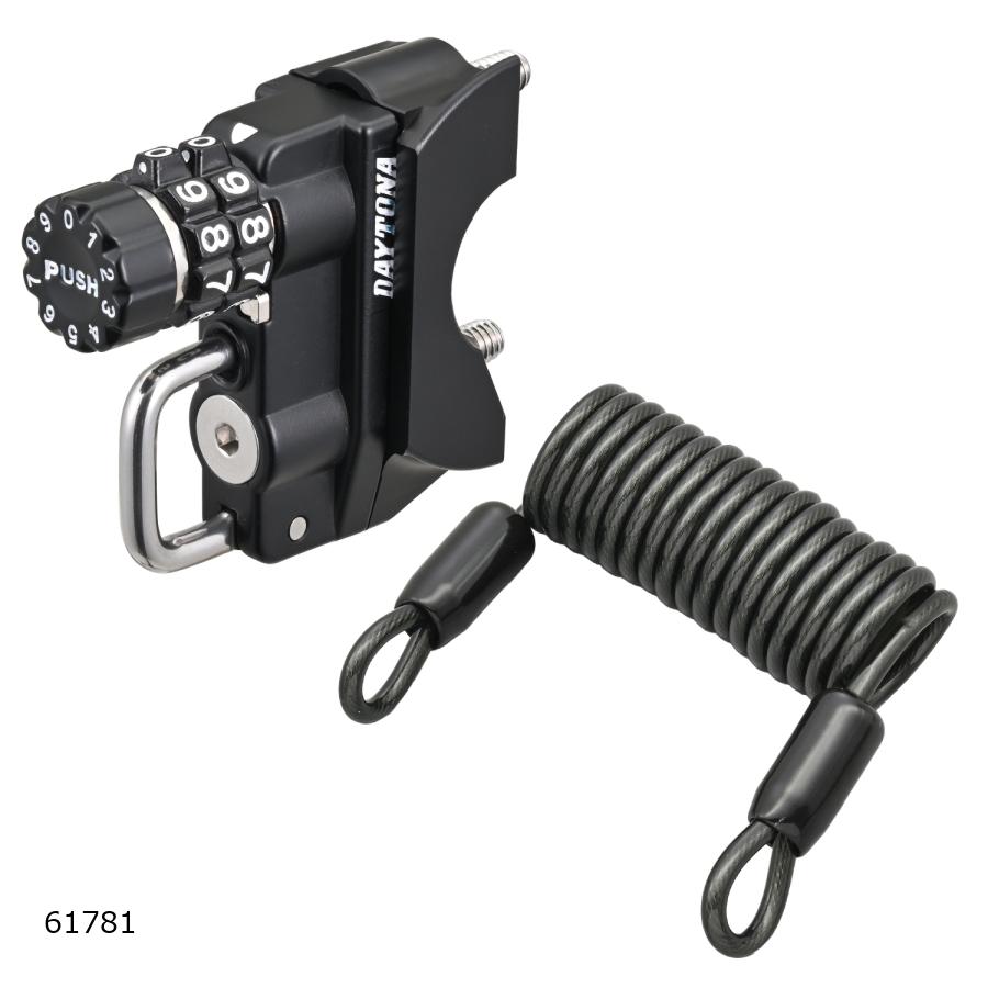 メーカー名：デイトナメーカー品番：61781※ ミラー用の取付穴は御座いません。 ※ ヘルメットのストラップが届かない場合は付属のワイヤーを使用してください。 ※ 駐車中のヘルメットの盗難を抑止する商品です。ホルダーにヘルメットを装着したま...