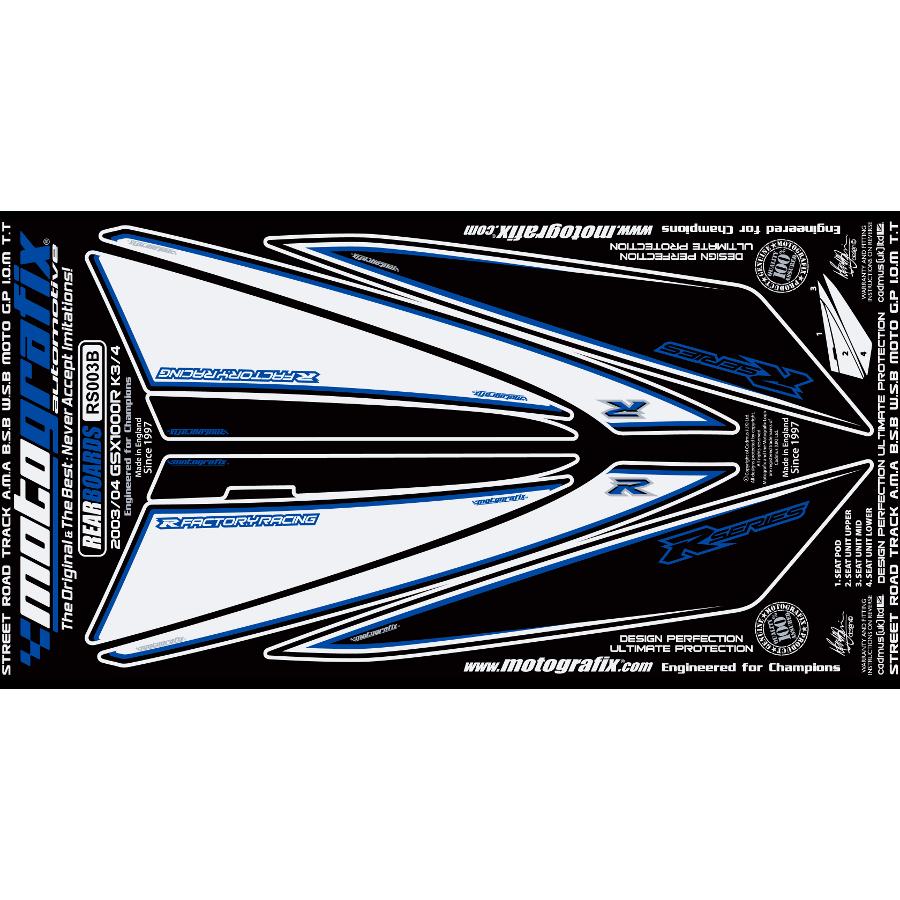 メーカー名：モトグラフィックスメーカー品番：MT-RS003B販売備考：キャンセル不可商品です。REAR ブラック/ホワイト/ブルー適合情報：スズキ[SUZUKI] GSX-R1000 K3/K4(03/04タイプ：REAR色[カラー]：ブ...