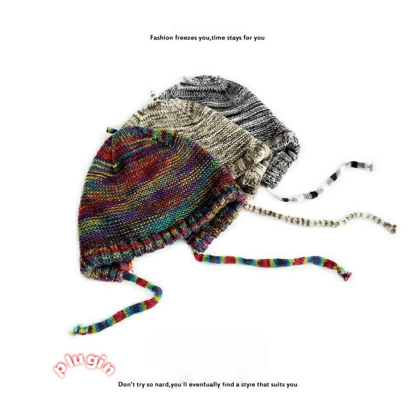 レインボー ニット帽おしゃれで合わせやすい耳あて付き かぶり型 ひも結び ニット帽レインボー ニット帽おしゃれで合わせやすい耳あて付き かぶり型 ひも結び ニット帽