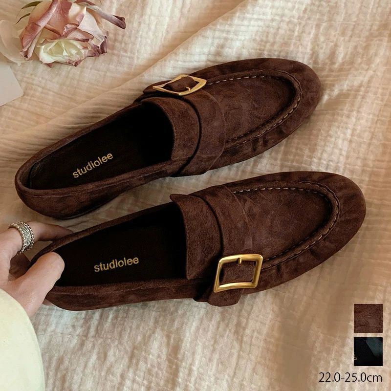 ローファー レディース ストラップ シューズ 靴 ベルト スエード調 レザー おしゃれ 2.0cm ヒール きれいめ ビジネスシューズ 22-25cm 黒 ブラック ブラウン フェミニン ゴールドストラップ 歩きやすい 軽量 疲れない 痛く...