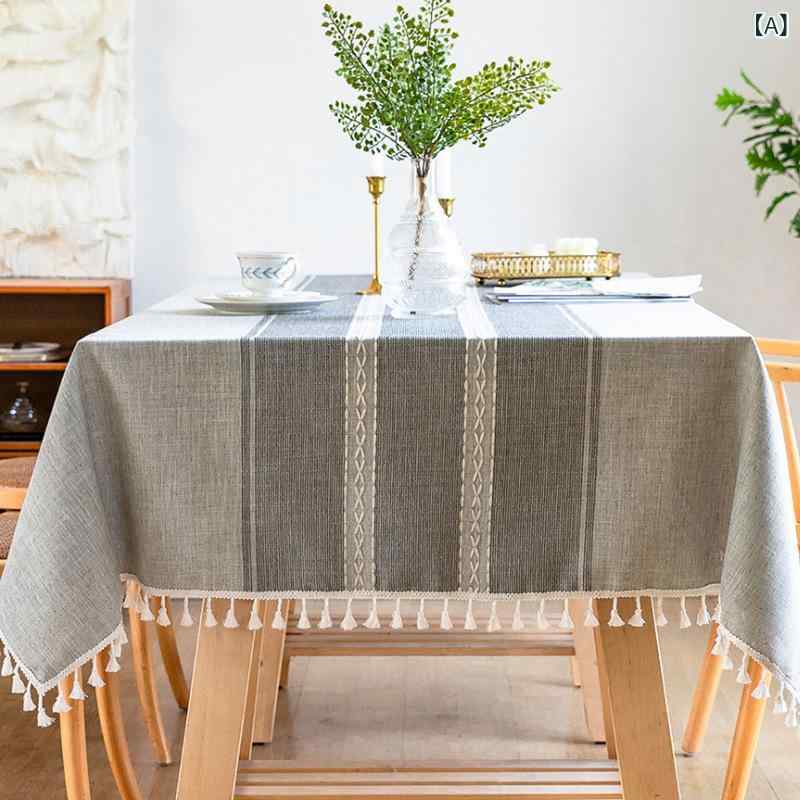 ・カテゴリ: テーブルクロス・形状: 長方形・スタイル: モダンシンプル・主な素材: ポリエステル95%・素材: 綿麻混紡5%・機能: 防水、防滑、耐摩耗、装飾・カラー展開: グレー（タッセルエッジ）、ブラウン（タッセルエッジ）、グレー（レ...