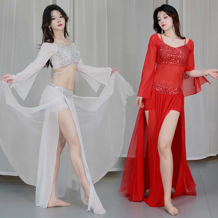 BorderColor="#FFFFFF"> 商品 ベリーダンス衣装 セットアップ 内容 トップス1点+スカート1点(インナーパンツ付き) 素材 ポリエステル サイズ M バスト77-92cm　袖丈59cm　トップスの着丈55cm　ウエスト...