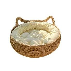 ざらざらしている触感のベッド＋ふわふわしているマットで猫の愛用物になり♪ 手編み猫ベッド 天然素材で編み上げ、手で作られた安全のロープとして素材、シンプルな円形デザインです。通気性良し、爽やかなペット夏用ベッドです、とても涼しく気持ちいいで...