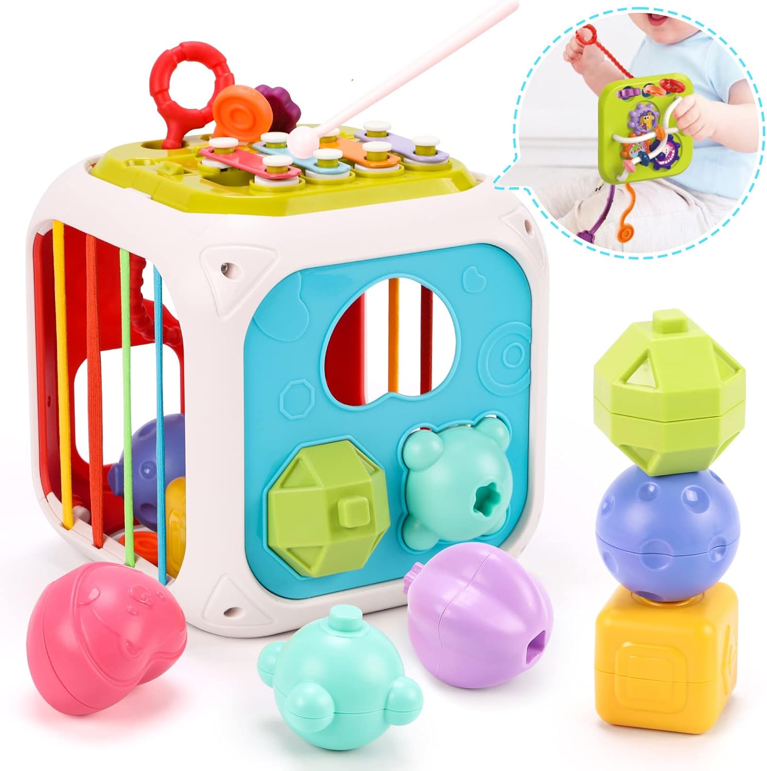 【7in1モントルソリーセット】幼児は7つの機能を持ち、斬新なデザイン、ピアノを叩く、形合わせ、積み重ね遊び、ドローコード感覚遊び、ビーズ巻き、パワーサイクル、バスルームのアニマル形状です。 【精緻な運動技能を発展】プッシュして動き、分類、...