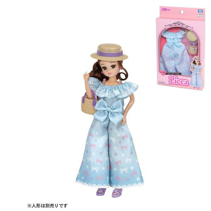 商品名リカちゃん LW-07 ブルーバケーション商品説明さわやかなブルーのパンツスタイルのワンピースに帽子とバッグがセットになったお出かけスタイル！ 大きなフリルのえりにリボンの柄がいっぱいのパンツスタイルワンピース。ウエストの大きなリボン...
