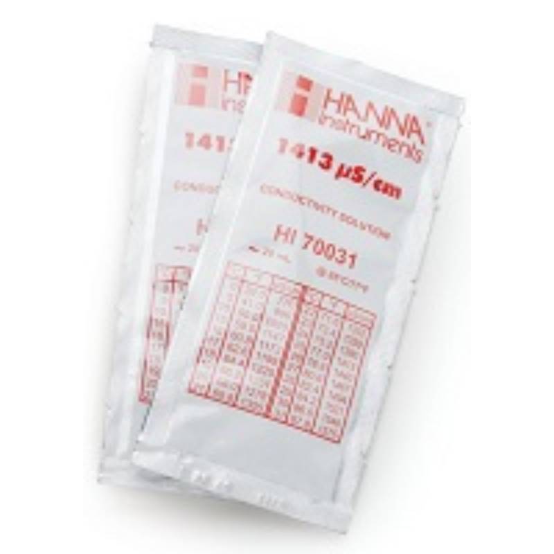 使用頻度が少ない方や常に高い信頼性を求める方にはオススメです。 1袋の容量は20mLでコンパクトなため持ち運びや保管にも便利です。 袋を開封し電極を直接入れ使用します。 ◆仕様 品番：HI 70031C 内容：1413μS/cm、20mL×...