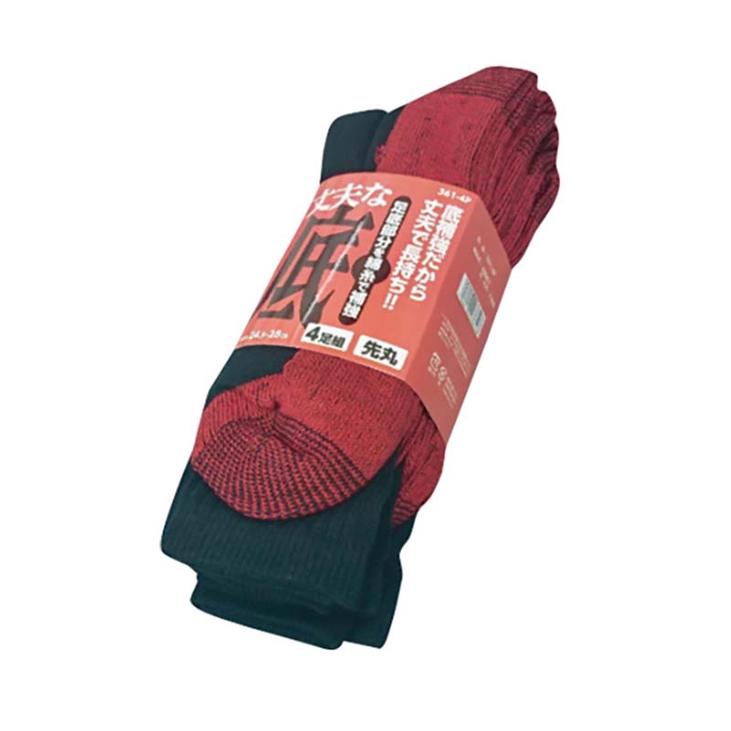 足底に補強糸を加えることで丈夫さを高めた靴下です。 綿糸を使用しているので吸汗性が高く、破れにくいため長くご使用頂ける商品となっております。 品番：SS-361-4P カラー：黒 サイズ：24.5〜28cm 原材料：綿、ポリエステル、ポリウ...