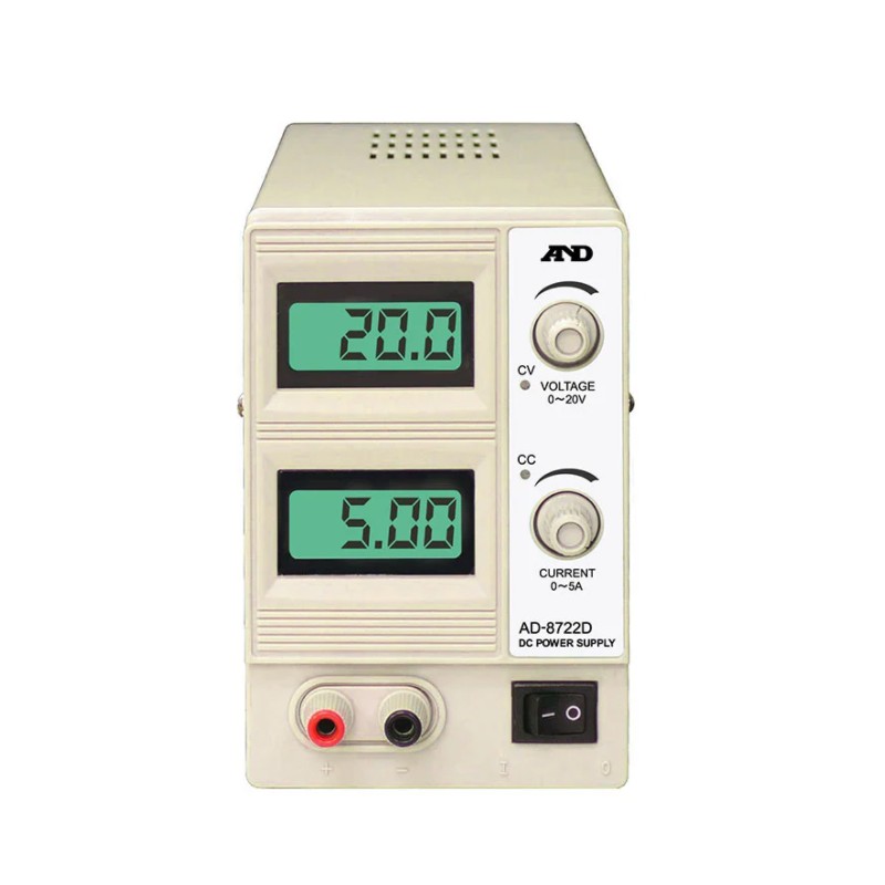 A&Dの直流安定化電源(20V、5A)(AD8722D)です。 ◆仕様 入力電圧 AC 100V±10%、50/60Hz、消費電力 約185VA 直流電圧0〜20V、直流電流0〜5A 場所をとらないスリムタイプ(幅9.5cm) 常時バックラ...
