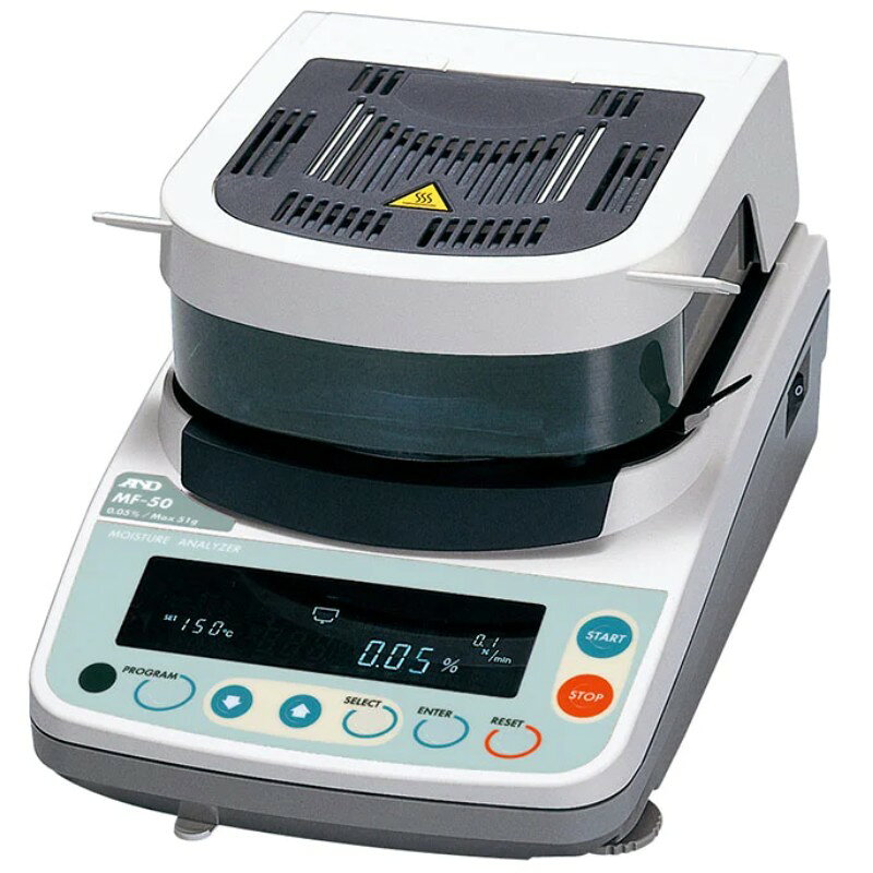 A&Dの加熱乾燥式水分計(MF50)です。 ◆仕様 ひょう量：51g 新しい水分率計測の提案、加熱乾燥式水分計。 ご用途に合わせて水分率表示0.001%から0.1%まで。 質量センサーシステムSHS搭載 直管型ハロゲンランプと新機構SRA採...