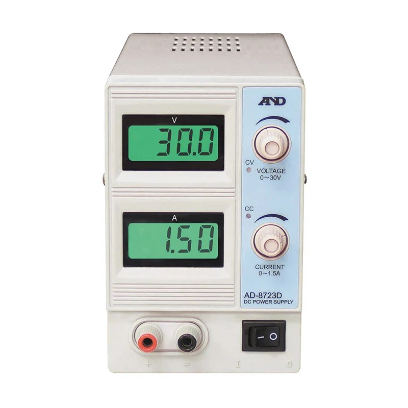A&Dの直流安定化電源(AD8723D)です。 ◆仕様 直流電圧0〜30V、直流電流0〜1.5A 場所をとらないスリムタイプ(幅9.5cm) 常時バックライトがつき、デジタル表示で見やすいディスプレイ 電源はシリーズレギュレータ方式 定電圧...