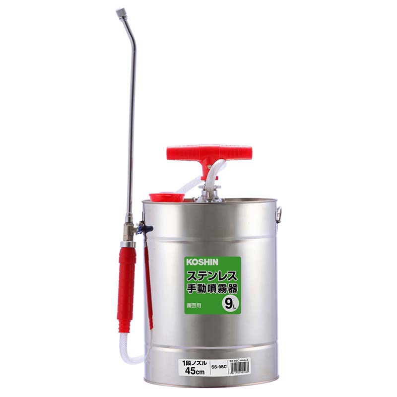 家庭園芸用薬剤の噴霧・散布 タンク容量：9L 噴口：一頭口噴口 噴霧切替：噴霧〜直射 ノズルパイプ長さ：45cm ホース：1m 接続ネジ：噴口接続部: G 1/4、ノズル・ボールコック側: G 1/4 噴霧量：直射時: 0.7L/min 噴...