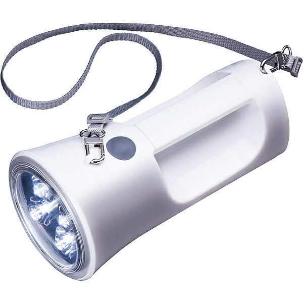 LEDサーチライト （ホワイト） ●長寿命のLED光源（LEDの寿命は約40000時間）●雨の中でも使える防滴構造●携帯に便利なショルダーストラップ付き●消し忘れを防止するレンズ形状●操作のしやすい大型プッシュ式スイッチ