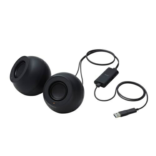 PC用2.0chスピーカー/Stina/4.4W/USB接続/ブラック ■コロンとした球体ボディで暮らしの空間に自然になじむ、実用最大出力4.4Wの2.0chステレオスピーカー“Stina(スティーナ)″です。 ■給電も音声入力もケーブル1...