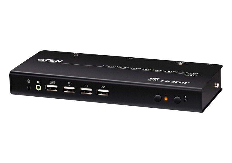 2ポートUSB HDMIデュアルディスプレイKVMPスイッチ（4K対応、2ポートUSB 2.0ハブ搭載） CS742Hは最大2台のPCを、キーボードとマウス各1台とHDMIディスプレイ2台を使って操作できるUSB HDMI KVMPスイッチ...