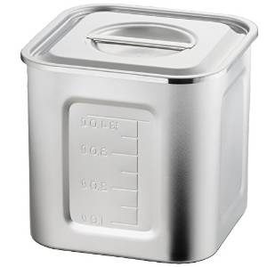 サイズ:165×165×高さ165mm、板厚:0.7mm、容量:約4.2L*清潔感あるステンレス製のキッチンポット*蓋の置き場に困らない引掛け金具付き*食材や調味料、ソース類のストックに最適♪*21-0ステンレスを採用しているので、お手頃価格です