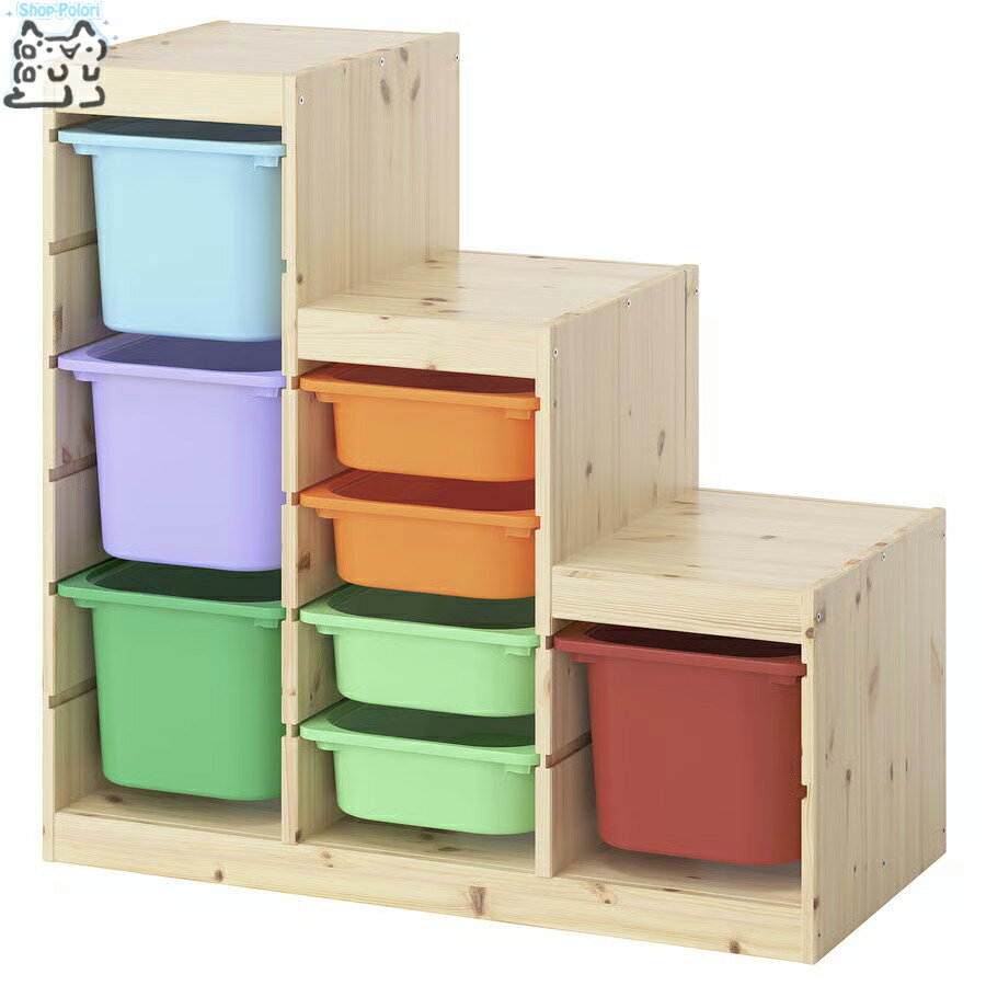 【 IKEA - イケア -】TROFAST - トロファスト - 収納コンビネーション 多段フレーム (階段型) BOX付き 組み合わせ収納 オープン収納 棚 / ステインパイン / マルチカラーBOX 94x44x91 cm (295....