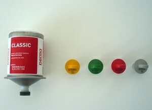 ※写真の起動ネジ(黄、緑、赤、灰)は吐出期間の種類によってそれぞれ一つずつ付属します 送料525円 →　　パーマを御使用いただく前に パーマの特徴 ●毎日一定量の自動給油●人件費の大巾節減●作業員の危険防止●粉塵、水中、屋外でも完全給油・取...