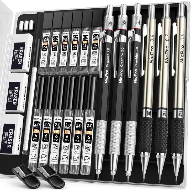 Nicpro シャープペンシルセット メタル製図用鉛筆 0.5mm &amp; 0.7mm &amp; 0.9mm 3本 2mm