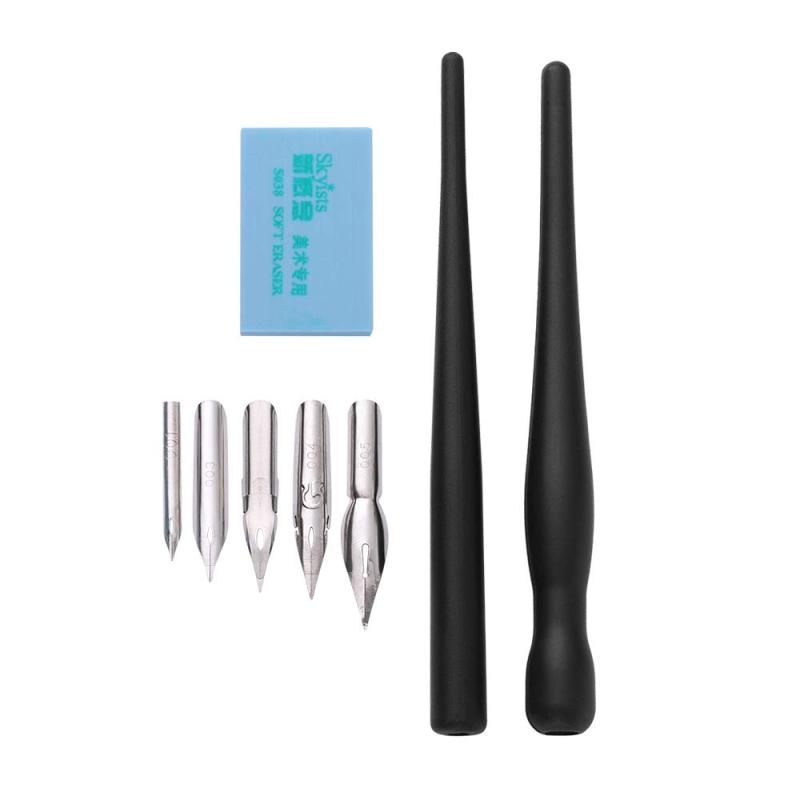 Qicarkey マンガペン先セット 書道描画ツールセット 5ペン先 + 2ホルダー + 1消しゴム複数のペン先オプション: セットには 5 種類のペン先が含まれており、細部の描写、線のトレース、色の塗りつぶしなど、さまざまなペイントのニー...