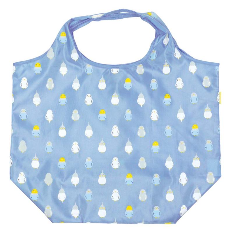 [濱文様] エコトート大 インコ並べ ブルーグレーポリエステル100%45cm×33.5cm　底マチ18.5cm（持ち手含まず）中国製お買い物や荷物が多い時に便利な大きめサイズ折りたたんでコンパクトに持ち運べます