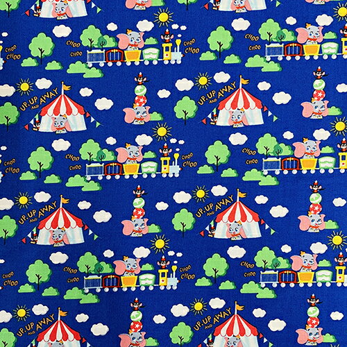 ☆USA輸入品☆ ダンボの総柄生地です。 サーカス柄がとってもかわいい！ 体操着袋や巾着、シーツなどにぴったりのさらりとしたコットン生地。 カーテンなどにもおすすめ♪ インポートなので、ほかの人ともかぶりにくいですよ☆ ■生地幅-約113c...