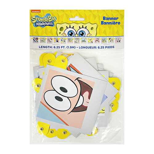 スポンジボブのパーティーバナーです。 スポンジボブと仲間たちが沢山♪ お誕生日はもちろん、パーティーの装飾にぴったりです☆ ●サイズ：幅約6.25FT.（1.9m） ●材質：紙　　他 ※ご注意下さい アメリカからの輸入品ですので 若干の紙の...