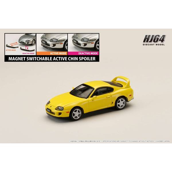 ■素材：ダイキャスト(亜鉛合金)/ABS /■ドア、ボンネット等の開閉ギミックはございません。ホビージャパンの1/64ダイキャストシリーズ"HJ64"からトヨタ スープラ RZ (JZA80) アクティブスポイラーパーツ付きの登場です。製品...