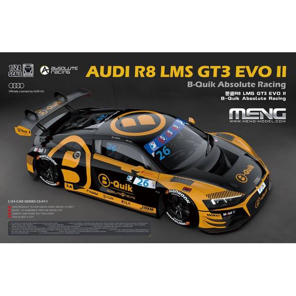 モンモデル社より、アウディ R8 LMS GT3 EVO II B-Quik Absolute Racingが登場！!EVO IIの洗練されたフォルムやコックピット内部、V10エンジンのディティールを忠実に再現。フロント部にあるハニカムメッ...