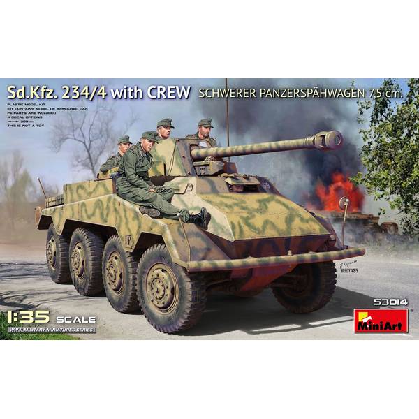 強力な7.5cm砲を搭載したSd.Kfz. 234/4装甲車と、臨場感を高める乗員フィギュアのセットです。エッチングパーツと4種類の形態を選んで再現できるデカールが付属します。メーカー名：ミニアートスケール：1/35形態：スケールモデルメー...