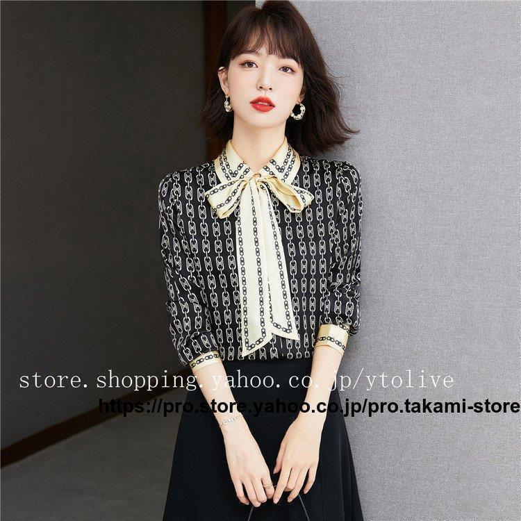ボウタイブラウス レディース 長袖 配色 柄シャツ 総柄 前開き サテン感 光沢 レギュラーカラー 秋 コーデカラー画像通りサイズ:S/M/L/XL(LL)/2XL(3L)2070612素材：ポリエステル★中国製※お使いの画面と実際のお色に...