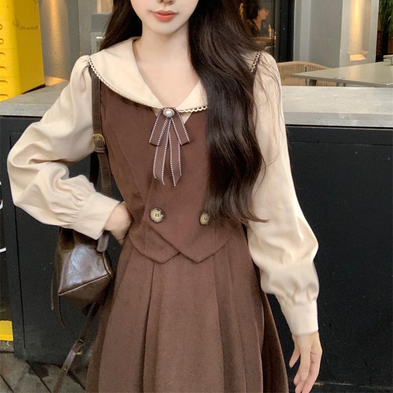 商品名レディース ワンピース レトロ ワンピース レトロワンピース 女子ワンピ 長袖 春 秋 冬 膝下丈 ロング丈 可愛い 美シルエット 重ね着風 日系女子中高生 クラシカル カワイイ 通勤 通学 ファッション 着痩せ 文芸 女子高校生 素...