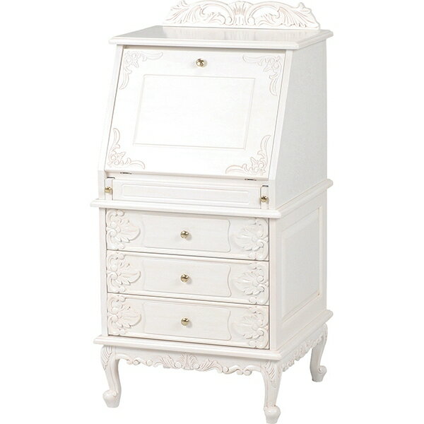 商品説明★ エレガントな彫刻とねこ脚、古くから使い込んだような味わいのアンティーク風ライティングテーブルスペック* 商品サイズ(外寸)：(約)幅58×奥行52×高さ116cm* スライド棚* 材質/主材：パイン、MDF