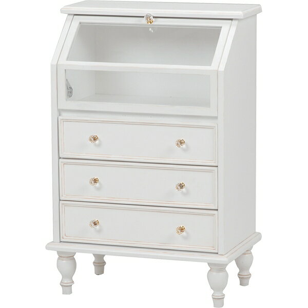 商品説明★ キラキラ取っ手で可愛さ倍増!引き出しの上はガラス張りのフラップ扉なので、お洒落に見せる収納ができるアンティーク風キャビネットスペック* 商品サイズ(外寸)：(約)幅60×奥行35×高さ90cm* 材質/主材：パイン、MDF