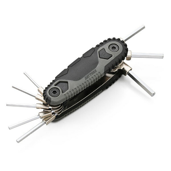 商品説明★ 持ち運びに便利な、折りたたみ式六角レンチセット。★ 1つのグリップに8本の六角レンチを収納できるコンパクト設計で、バラつかず持ち運べます。★ 握りやすいラバーグリップ仕様で、力をかけやすく安定した作業が可能。★ レンチはアングル...