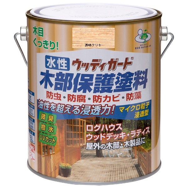 商品説明★ マイクロ粒子浸透型の新しい微臭の水性木部保護塗料です。★ 木材の防虫・防腐・防かび・防藻効果に優れ、木材に浸透して内部から木の腐食を防ぎます。★ 耐候性に優れたマイクロ粒子浸透型顔料の採用で、木目がよりくっきりキレイな仕上がりに...