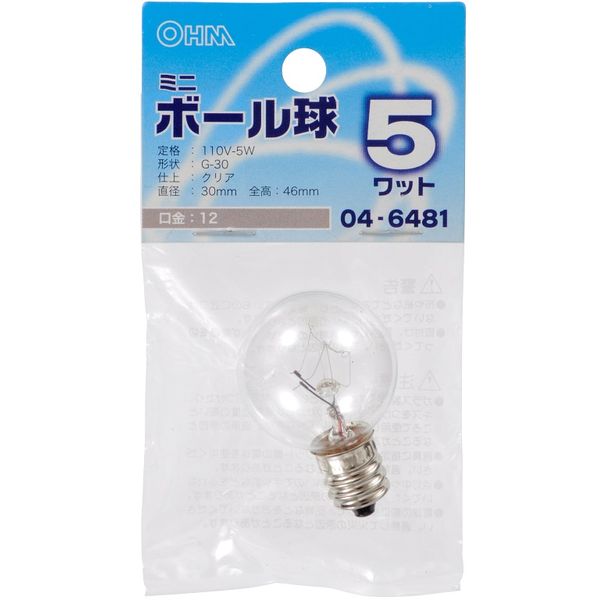 商品説明★ 屋内専用(屋外使用禁止)スペック* 定格: 110V-5W* 形状: G‐30* 仕上: クリア* 口金: E12* サイズ: 直径30×全高46mm