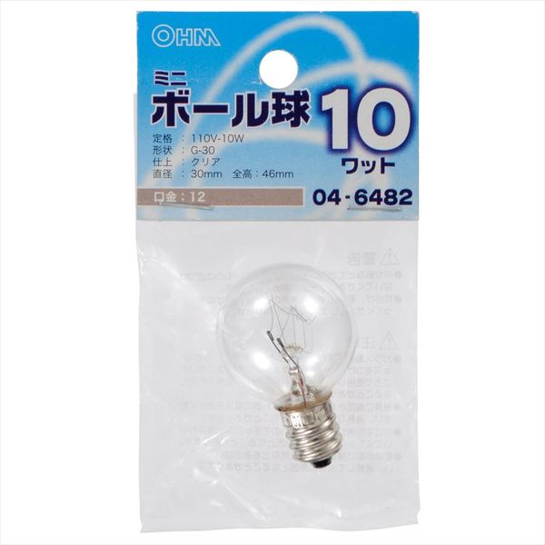 商品説明★ 屋内専用(屋外使用禁止)スペック* 定格: 110V-10W* 形状: G‐30* 仕上: クリア* 口金: E12* サイズ: 直径30×全高46mm