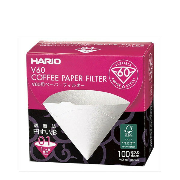 商品説明★ V60用ペーパーフィルター。★ 01タイプ(1-2杯用)のペーパーフィルターです。スペック* 容量：1-2杯用* 重量(個箱含む)：約100g* 100枚個箱入り* 材質：天然パルプ* 原産国：日本製※このペーパーはHARIO ...