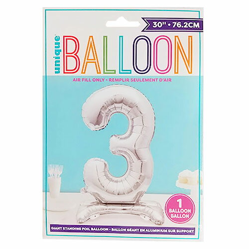 フォイル ナンバーバルーン "3" のシルバーです。 スタンディングタイプの数字です。 空気を入れて膨らませてください。 30" (76.2cm)と大きなサイズで存在感抜群。 テーブルなどに飾ると華やかになります。 誕生日パーティー、結婚記...